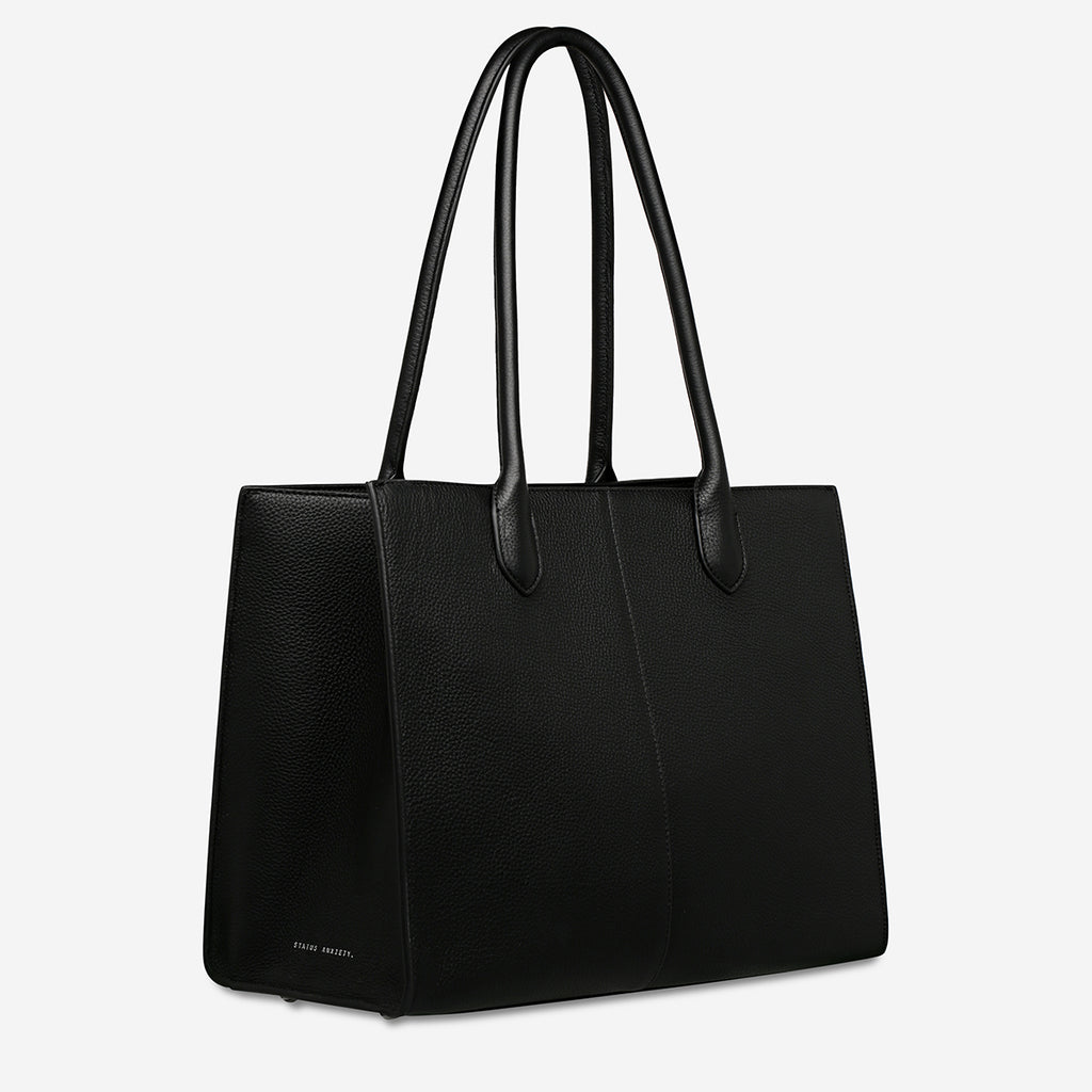 'Without Warning' Black Leather Tote Bag | Status Anxiety®
