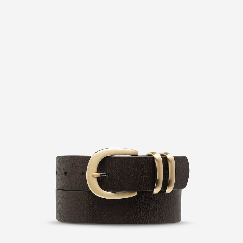 Let it Be Women's Choc / Gold Leather Belt | Status Anxiety®